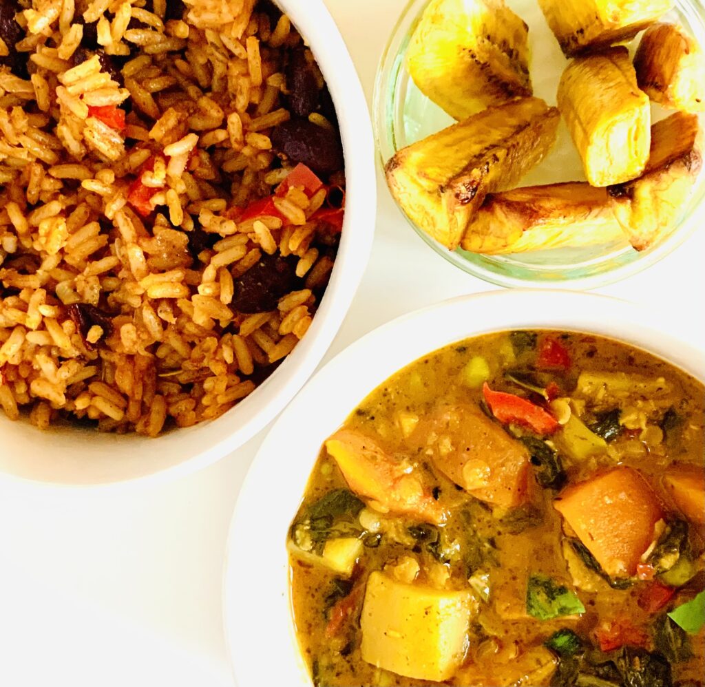 Caribbean Food | coconut vegetable curry, rice and peas, plantain | triyoga